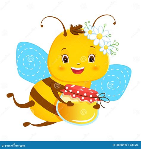 Linda Abeja De Dibujos Animados Con Una Olla De Miel Ilustración