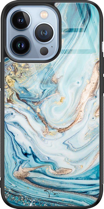 IPhone 13 Pro Hoesje Glas Marmer Blauw Goud Blauw Goud TPU