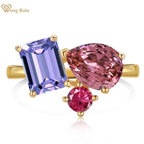 Wong Rain Bague En Argent Sterling 925 Plaqu Or 18K Meraude Poire Coupe