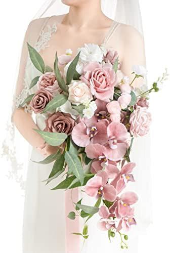 Ling S Moment Dusty Rose Bridal Bouquet Cascading 15 Inch Pink Orchids