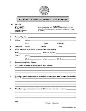 Fillable Online Request For Administrative Appeal Hearing City Of