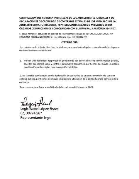 Certificado Representante Legal Beraca con firmas CERTIFICACIÓN DEL