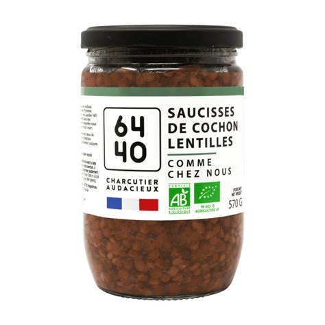 Saucisses pur porc BIO et lentilles Plats préparés BIO Maison Agour