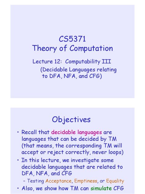 cs5371 theory of computation lecture 12 computability iii decidable languages relating to dfa