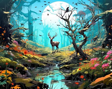 Uma ilustração de um cervo em uma floresta flores e árvores Vetor