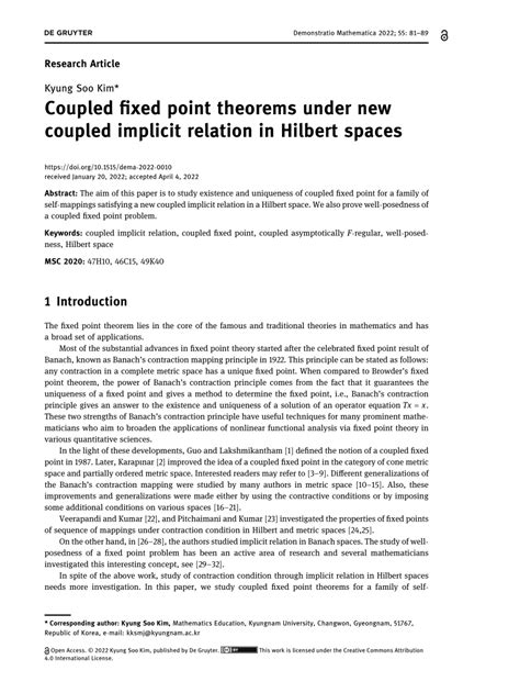 pdf coupled fixed point theorems under new coupled implicit relation in hilbert spaces