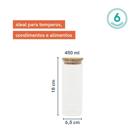 Kit 6 Potes De Vidro Para Mantimentos 450Ml Tampa Bambu