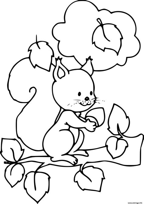 Coloriage Automne Ecureuil Avec Des Noix Sur Un Arbre Automne