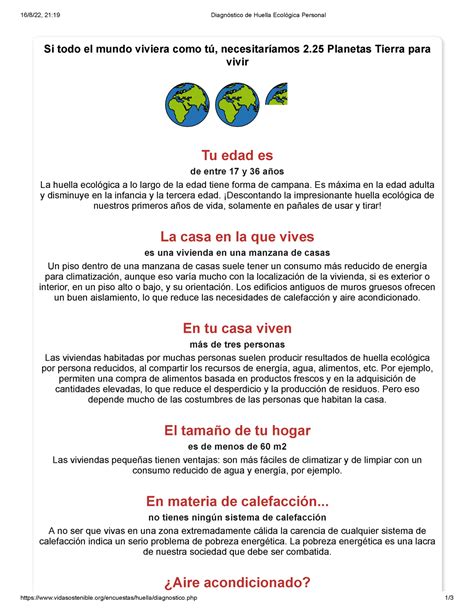 Diagnóstico de Huella Ecológica Personal 16 8 22 21 19 Diagnóstico