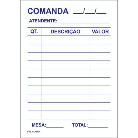 Bloco De Comanda Pedido Mesa Restaurante Bar Lanchonete X Cm