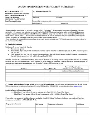 Fillable Online Se 2013 2014 INDEPENDENT VERIFICATION WORKSHEET Se