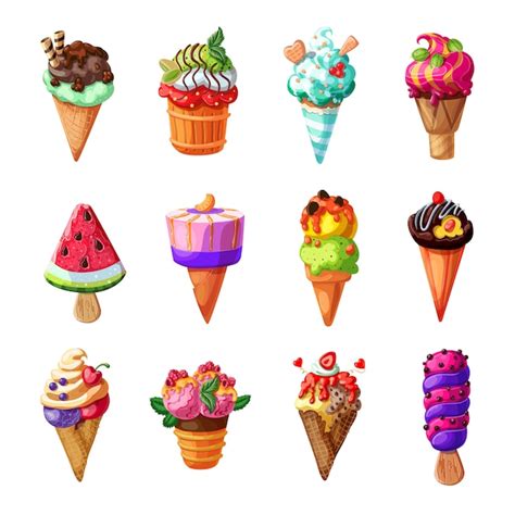 Conjunto De Helado Y Helado De Dibujos Animados Vector Premium