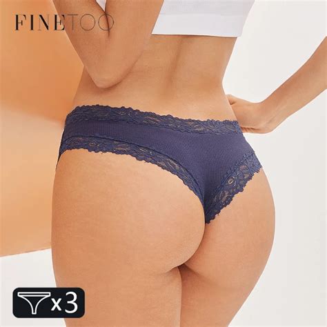 FINETOO 3Pcs Women Cotton Underwear Panties Sexy Lace Brazilian Briefs