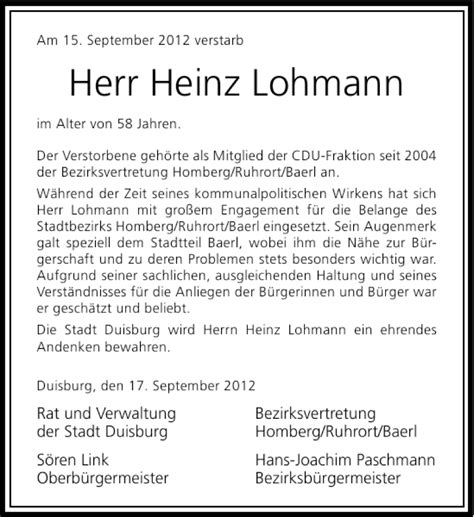 Alle Traueranzeigen für Heinz Lohmann trauer rp online de