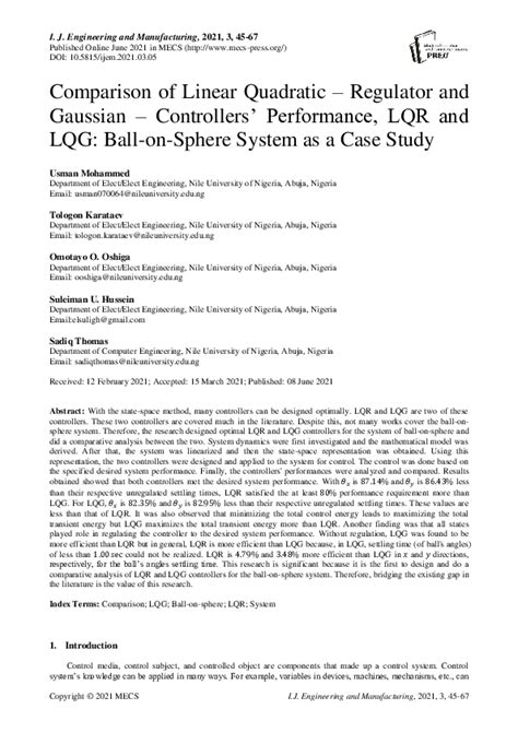 pdf comparison of linear quadratic regulator and gaussian controllers performance lqr