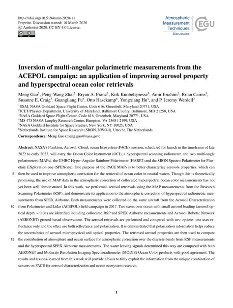 pdf inversion of multi angular polarimetric measurements from the acepol campaign an