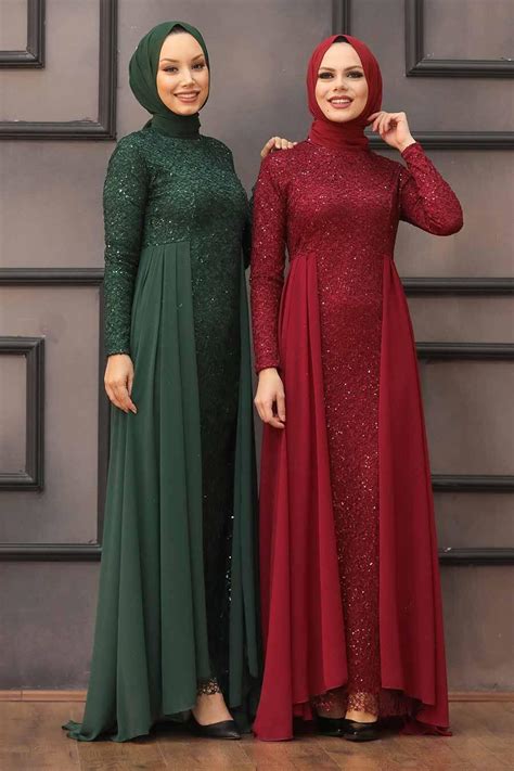 Nayla Collection Pullu Yeşil Tesettür Abiye Elbise 90000Y