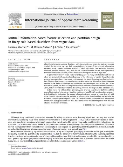 pdf mutual information based feature selection and partition design in fuzzy rule based