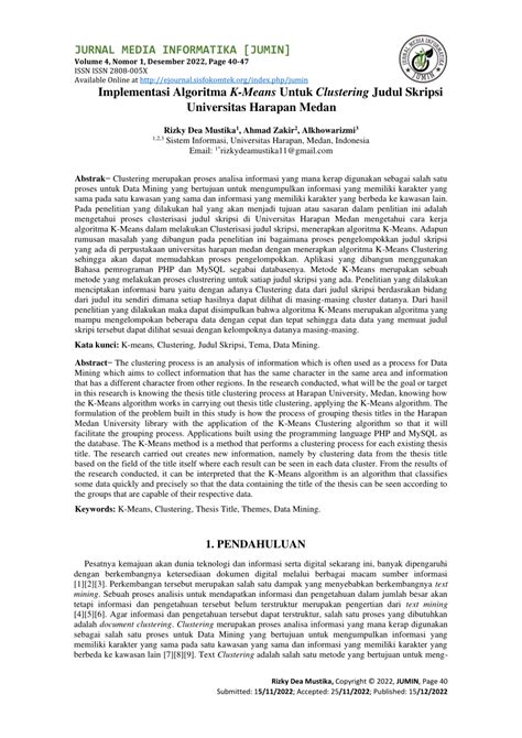 pdf implementasi algoritma k means untuk clustering judul skripsi universitas harapan medan