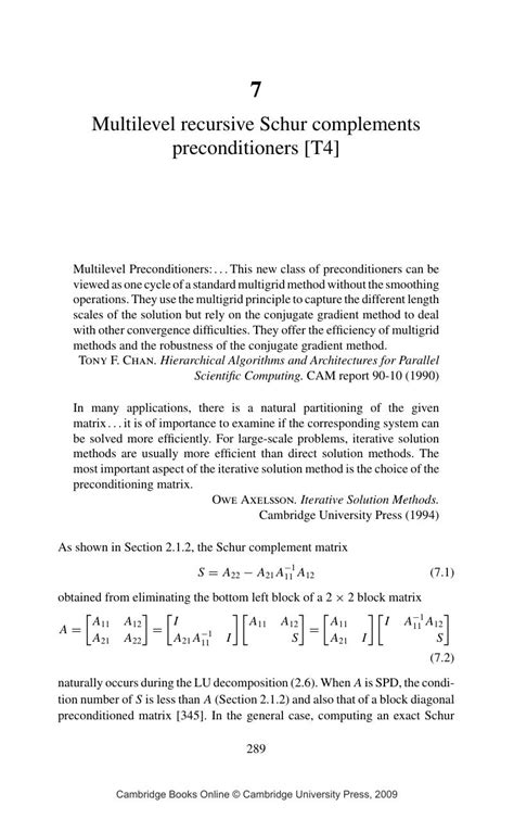 multilevel recursive schur complements preconditioners [t4] chapter 7 matrix preconditioning