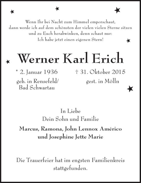Traueranzeigen Von Werner Karl Erich Trauer Anzeigen De