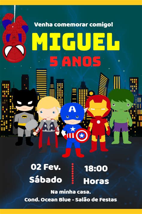 Convite Aniversário Super Heróis Edite grátis nosso editor online