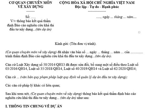 Mẫu Thông báo kết quả thẩm định Báo cáo nghiên cứu khả thi đầu tư xây