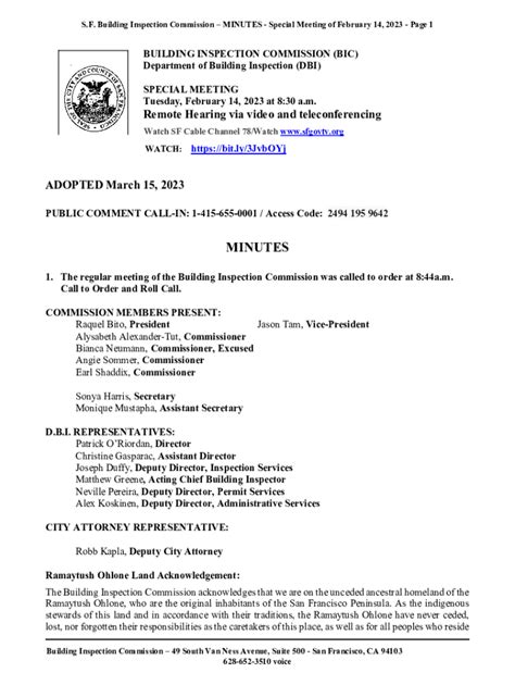 Fillable Online Meetings Calendar Department Of Building Inspection