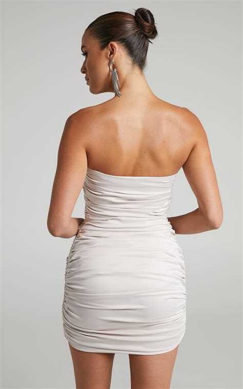 Solena Mini Dress Satin Ruched Strapless Bodycon Dress In Champagne