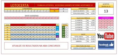 Planilha Lotofácil 18 dezenas Garante retorno acertando 13 06 Jogos