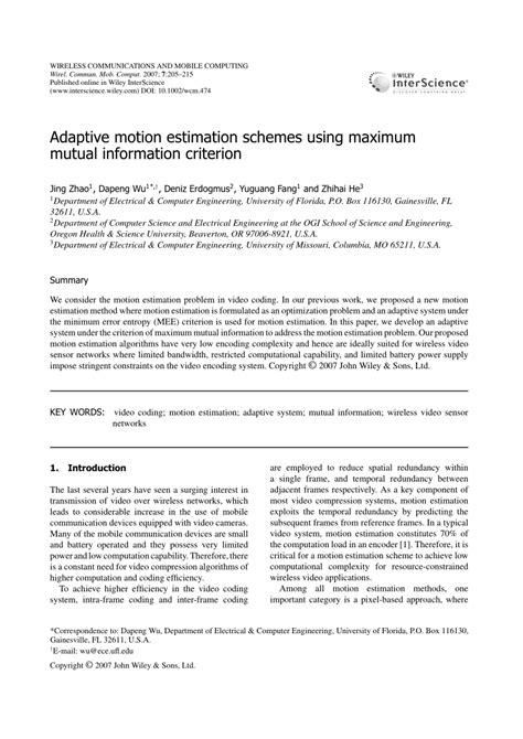 pdf adaptive motion estimation schemes using maximum mutual information criterion