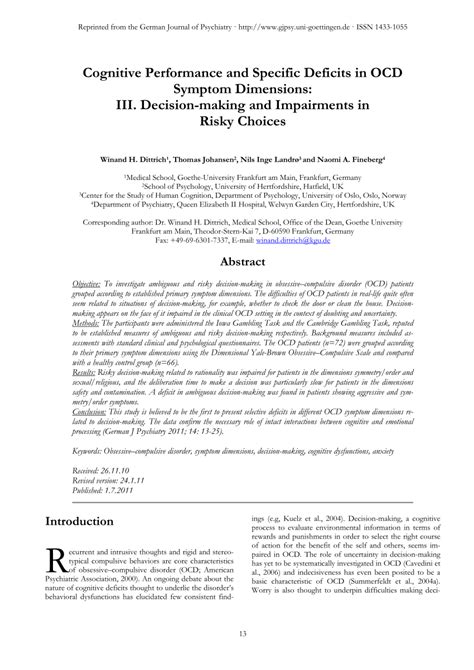 pdf cognitive performance and specific deficits in ocd symptom dimensions iii decision