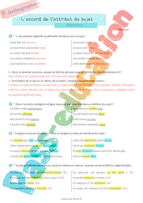 Laccord De L Attribut Du Sujet Exercices D Orthographe Pour La