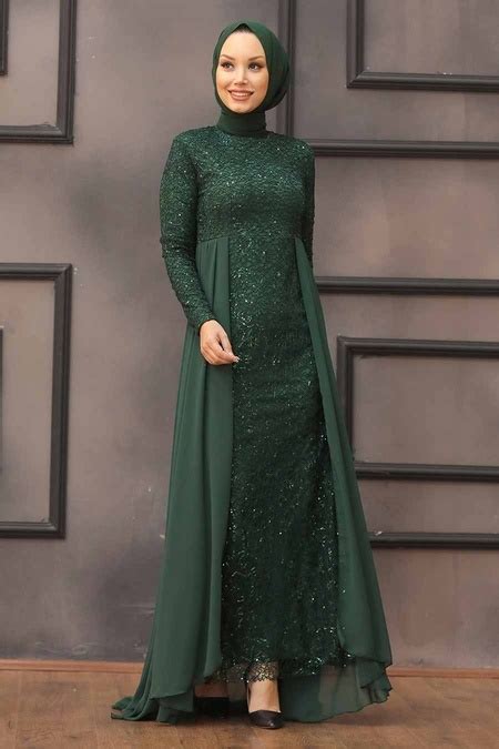 Nayla Collection Pullu Yeşil Tesettür Abiye Elbise 90000Y