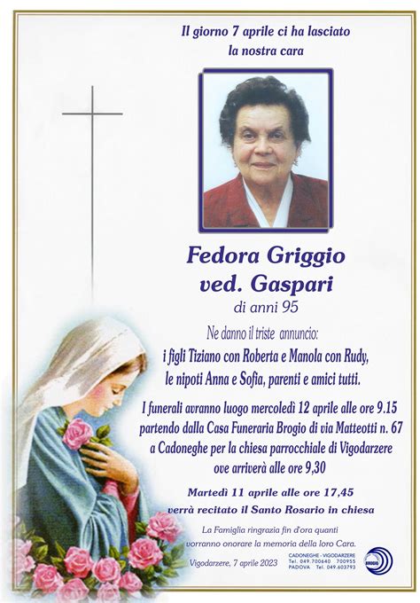 Necrologio Fedora Griggio Ved Gaspari Necrologi Padova