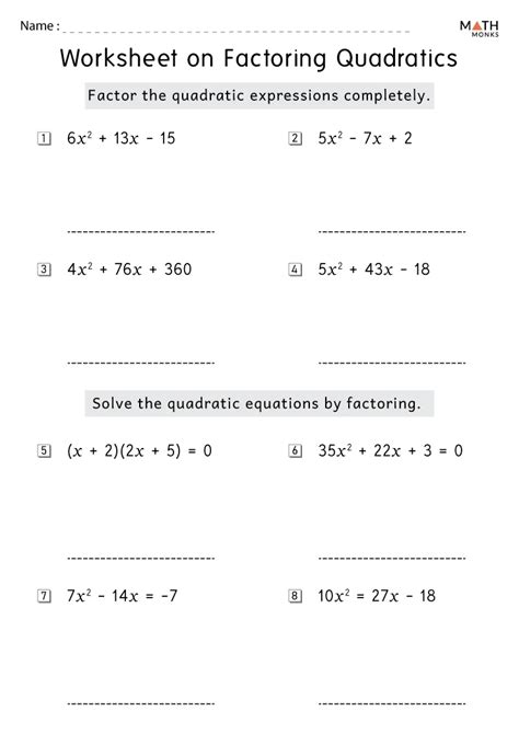 Factoring Quadratics Worksheets Math Monks