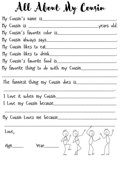 All About My Cousin Printable Cousin Birthday Cousin S Day Printable