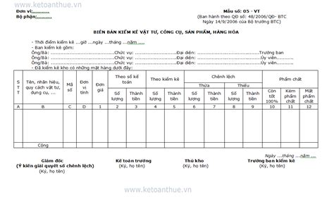 Mẫu số 05 VT BIÊN BẢN KIỂM KÊ VẬT TƯ CÔNG CỤ SẢN PHẨM HÀNG HÓA
