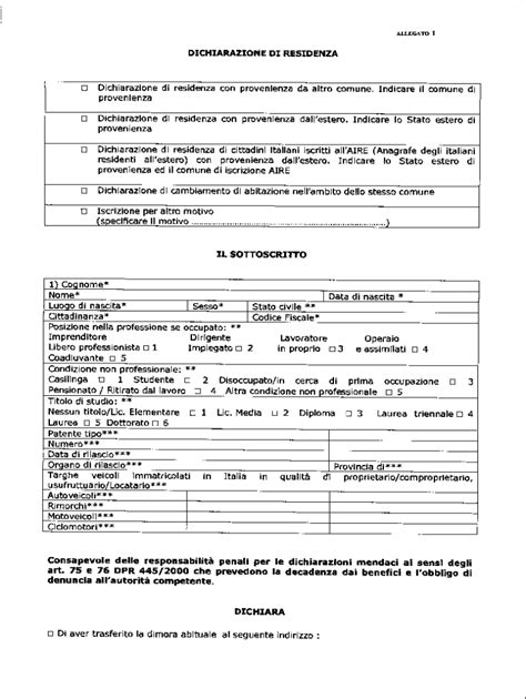 Compilabile Online DICHIARAZIONE DI RESIDENZA All Ufficiale Di Anagrafe