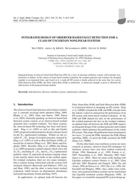 pdf integrated design of observer based fault detection for a class of uncertain nonlinear