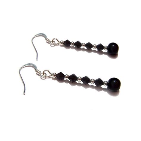 Pendientes de piedras preciosas de ónix negro Plata de ley y cristal