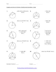 Geometry Quiz Worksheet Circles And Arcs