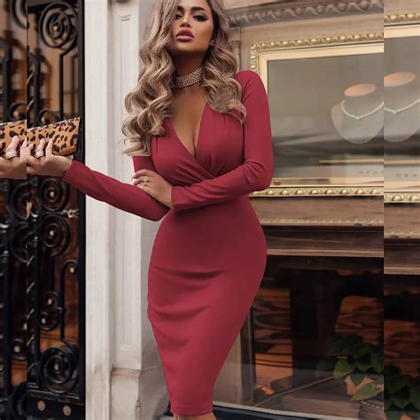 Feitong Brand New Women Clothes Sexy Dress Lady Deep V Wrap Ruched Long Sleeve Nightclub Mini