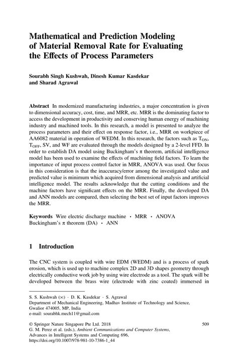 pdf mathematical and prediction modeling of material removal rate for evaluating the effects