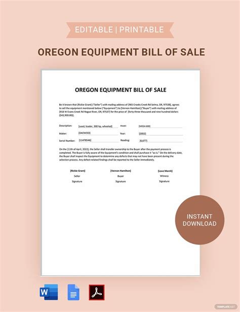 Bill Of Sale Template Oregon