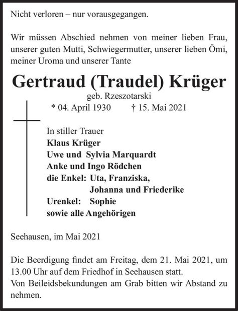 Traueranzeigen von Gertraud Traudel Krüger geb Rzeszotarski