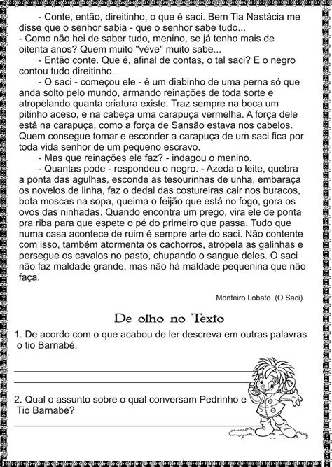 Atividades De Interpreta O De Texto Ano O Saci Educa O E