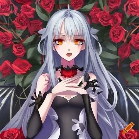 Anime Vampire Girl In A Palace Surrounded By Red Roses