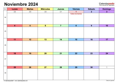 Calendario Noviembre 2024 En Word Excel Y PDF Calendarpedia