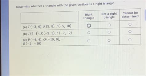 [solved] determine whether a triangle with the given vertices is a right course hero